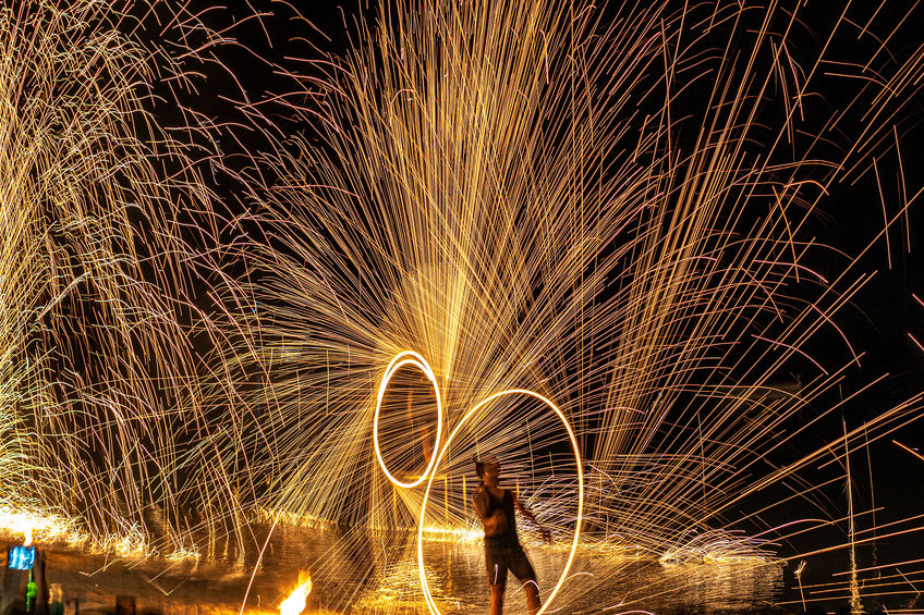 Group of fireworks in the sky. fire show, fire with exposure . Thailand ...